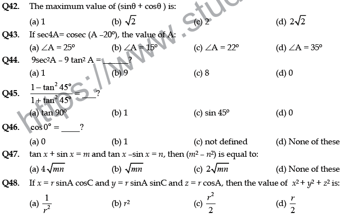 CBSE Class 10 Mathematics Application of Trigonometry MCQs with Answers